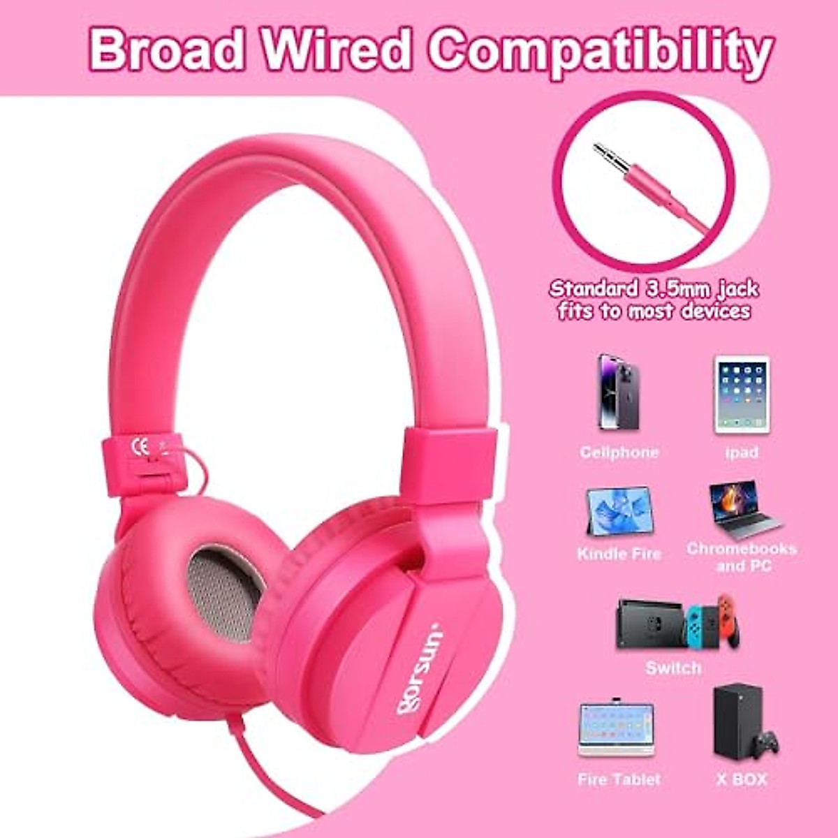 TENLUBEN Gorsun Kids Headphones Wired Headphone, Children Girls Boys Teen Lightweight Foldable Adjustable Corded On-Ear Headset for School Online Course Chromebook Cellphones Kindle Airplane (Pink)