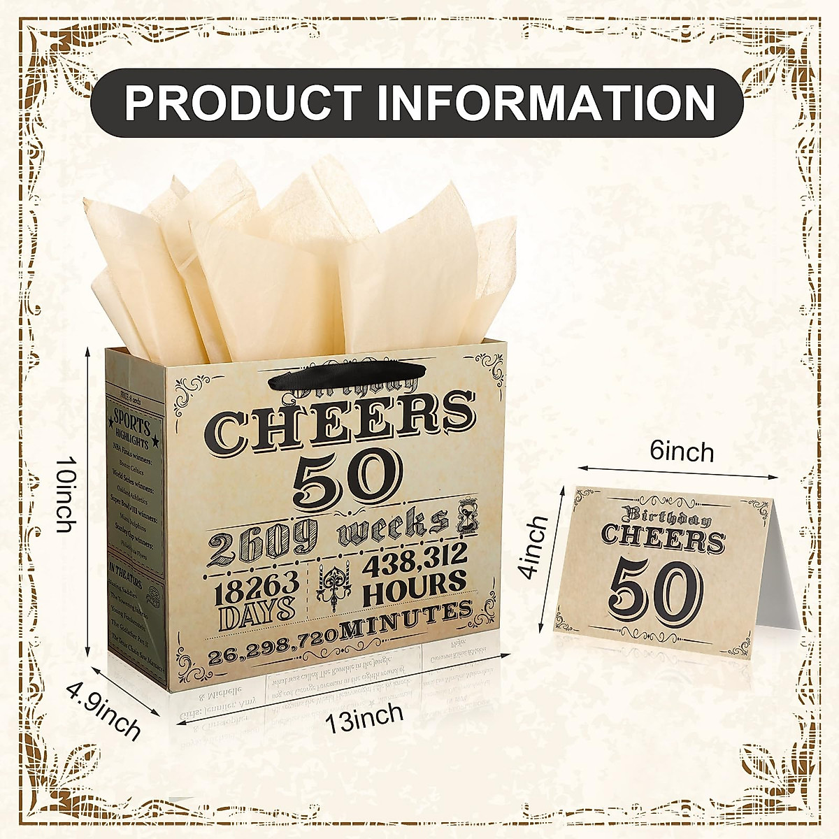 HHUIYUN 50th Birthday Gift Bag, Vintage 1974 Gift Bag with 50th Birthday Card and 50th Birthday Tissue Wrapping Paper, 50th Birthday Gifts for Him Her Husband Wife Mom Dad, 50 Birthday Party Supplies