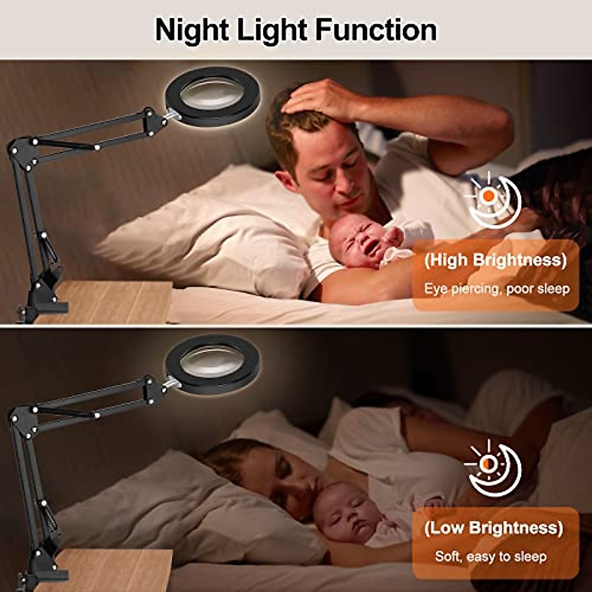 BRISON Magnifying Desk Lamp with Clamp, 3 Adjustable Light, 10 Brightness 8X Magnifier Lamps for Reading/Office/Soldering/Crafts, Swing Arms LED Desk Lamp with Sleep Timer Function