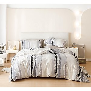 YuHeGuoJi Abstract Striped Duvet Cover Queen 100% Cotton Black and White Geometric Duvet Cover 3 Pcs Set 1 Wave Patterned Duvet Cover with Zipper Ties 2 Pillowcases Gradient Stripe Bedding Set