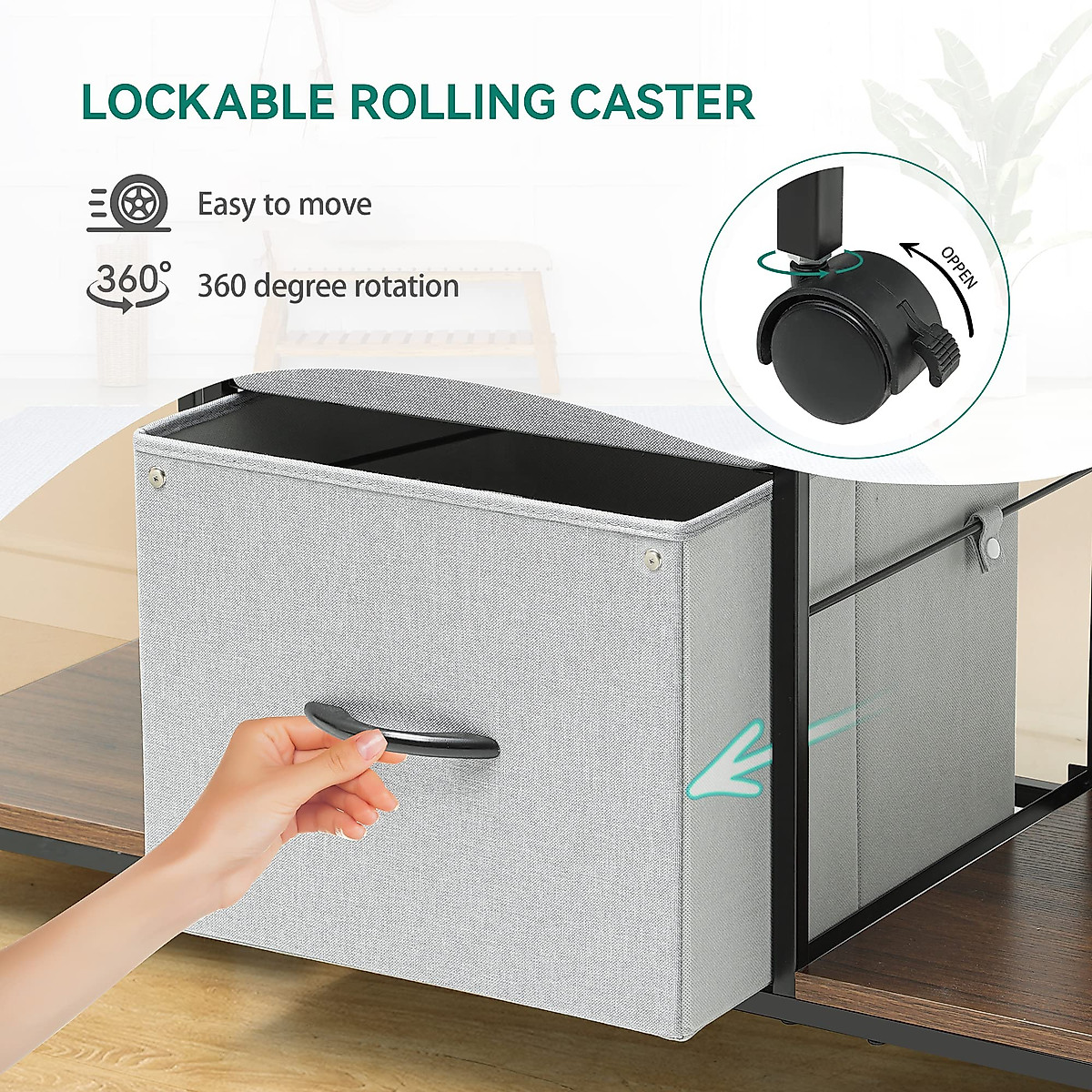 YITAHOME Mobile Lateral File Cabinet, Fabric Mobile Filing Cabinet with 4 Open Storage Shelves, Printer Stand with 2 Drawers for Home Office, Fits A4/Letter Size,Grey & Brown