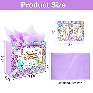 12.6" Mermaid Happy Birthday Gift Bag Set with Greeting Card and Tissue Papers for Girls, Women