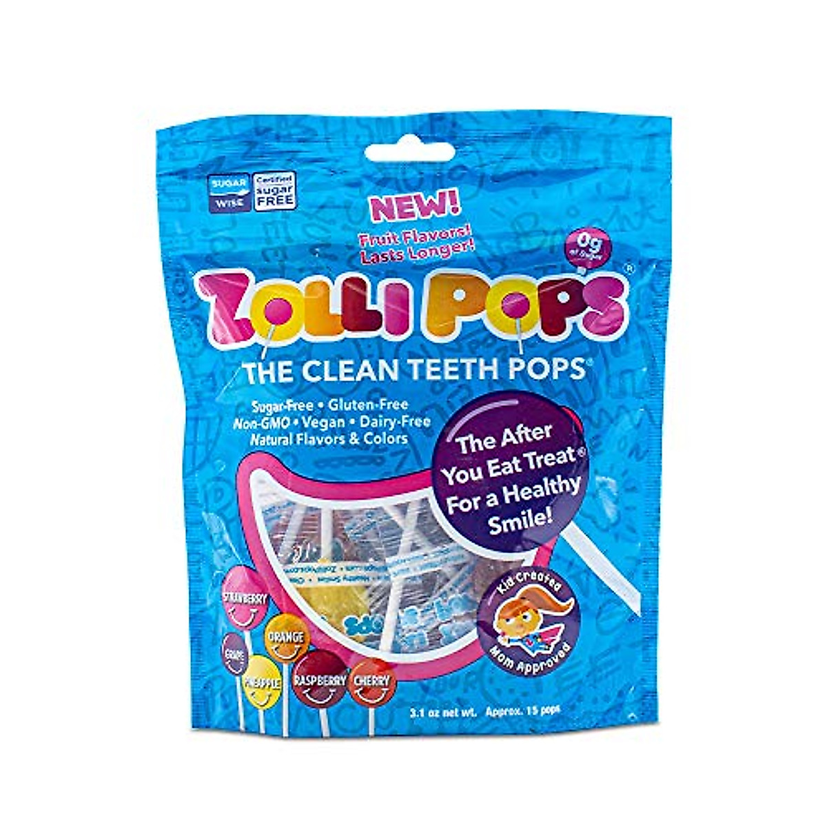 Zollipops Clean Teeth Lollipops - AntiCavity Sugar Free Candy with Xylitol for a Healthy Smile Great for Kids, Diabetics and Keto Diet. Natural Fruit Variety, 3.1 Ounce