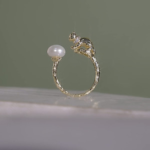 CCijiNG Christmas Pearl Ring for Women 14K Gold Plated Adjustable Open Wrap Ring Fashion Eternity Statement Jewelry for Christmas Gift（Cat Pearl）