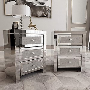 Alohappy Mirrored Nightstands Set of 2 with 3-Drawers, Modern Mirror Glass End Table Silver Bedside Table for Living Room/Bedroom (2PCS)