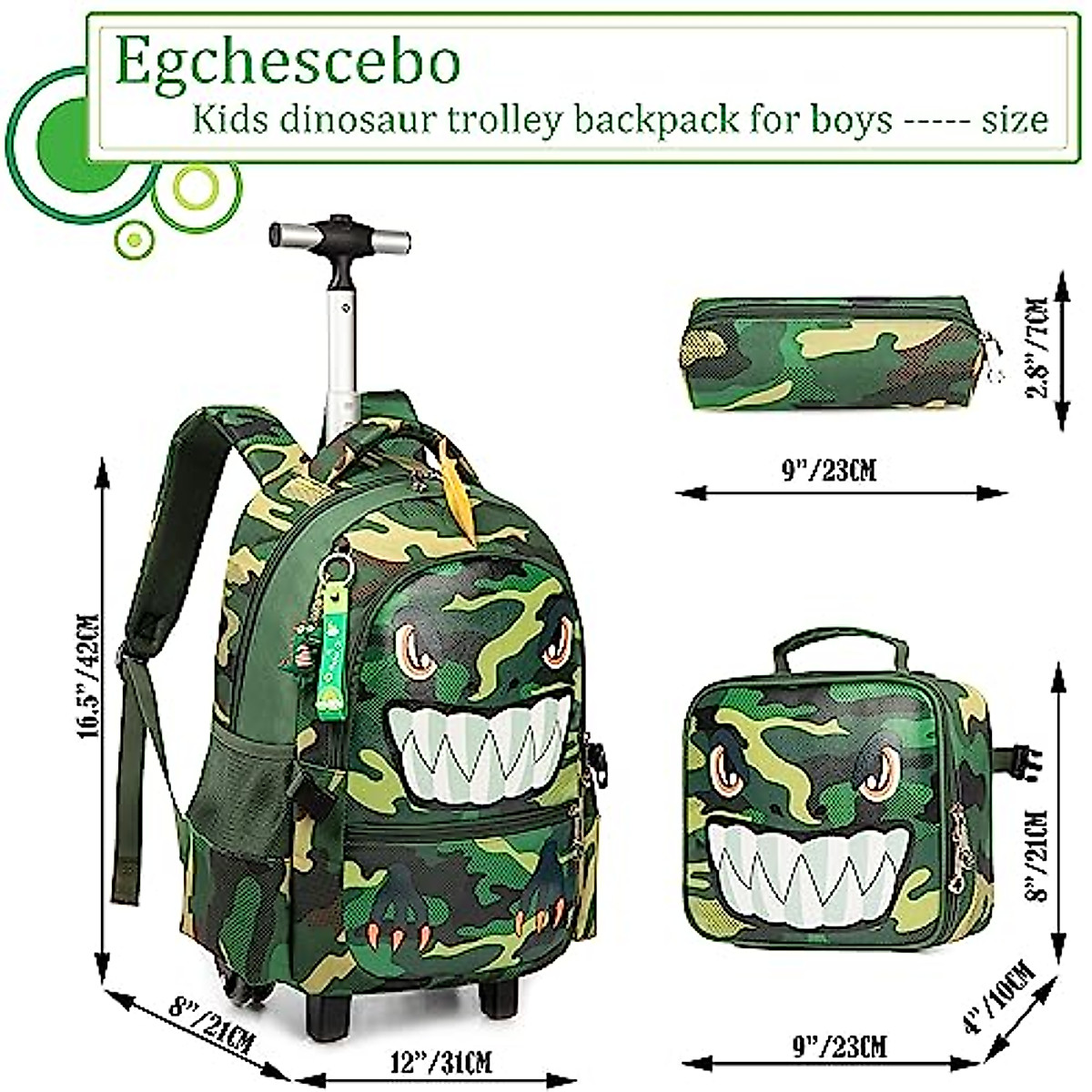Egchescebo Kids Shark Rolling Backpack for Boys Suitcases Trolley Backpacks with Wheels Roller Luggage Backpacks Wheels with Lunch Box Pencil Case for Elementary Boys Travel School Bag Green