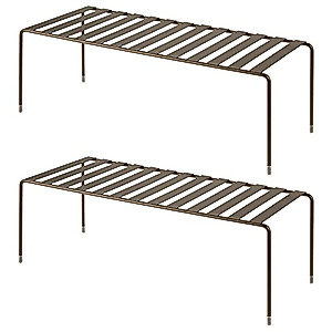 mDesign Modern Metal Storage Shelf Rack - 2 Tier Raised Food and Kitchen Organizer for Cabinets, Pantry Shelves, Countertops Dishes, Plates, Bowls, Mugs, Glasses - 2 Pack - Bronze