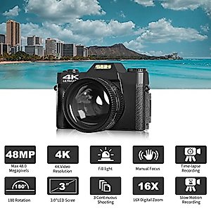Digital Cameras for Photoggraphy, 4K Vlogging Camera for YouTube with Built-in Fill Light, 16X Digital Zoom, Manual Focus, 52mm Wide Angle Lens & Macro Lens, 32GB TF Card and 2 Batteries