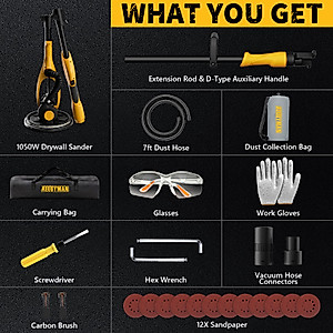 Drywall Sander, 1050W Electric Drywall Sander with Vacuum Dust Collection, 2100RPM Wall Sander with 7 Variable Speed, Foldable & Extendable Handle, Double-Deck LED Light, Dust Bag and Hose