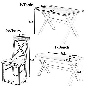 Harper & Bright Designs 4-Piece Wood Dining Table Set, Farmhouse Rustic Kitchen Dining Table with 2 Upholstered X-Back Chairs and Bench, Gray Green