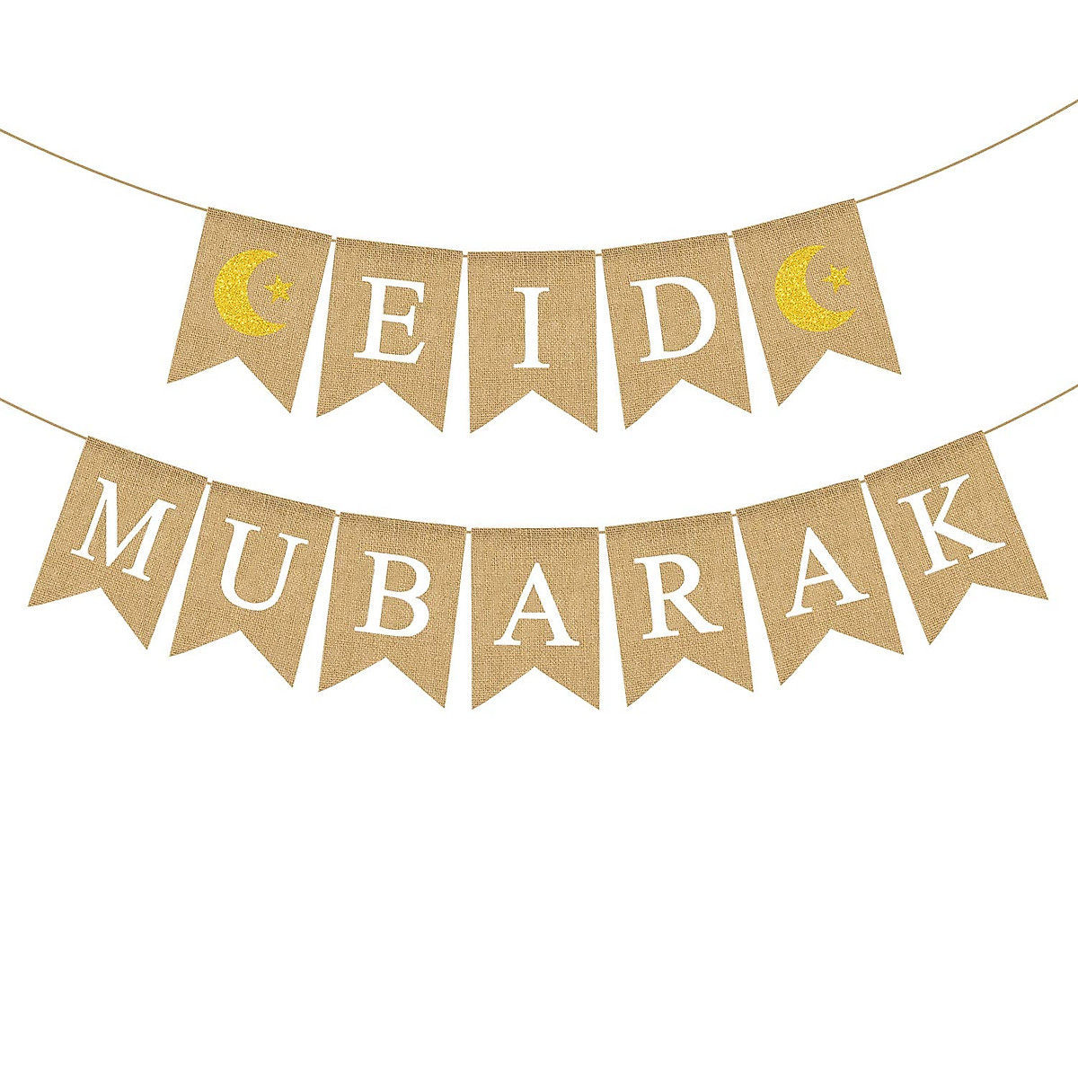 Jute Burlap Eid Mubarak Banner with Moon and Star Ramadan Home Mantel Fireplace Decoration