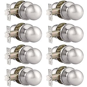 Probrico 8 Pack Interior Round Passage Keyless Door Knobs Door Lock Lockset Without Key Doorknobs Satin Nickel for Hall/Closet-Door Knob 607