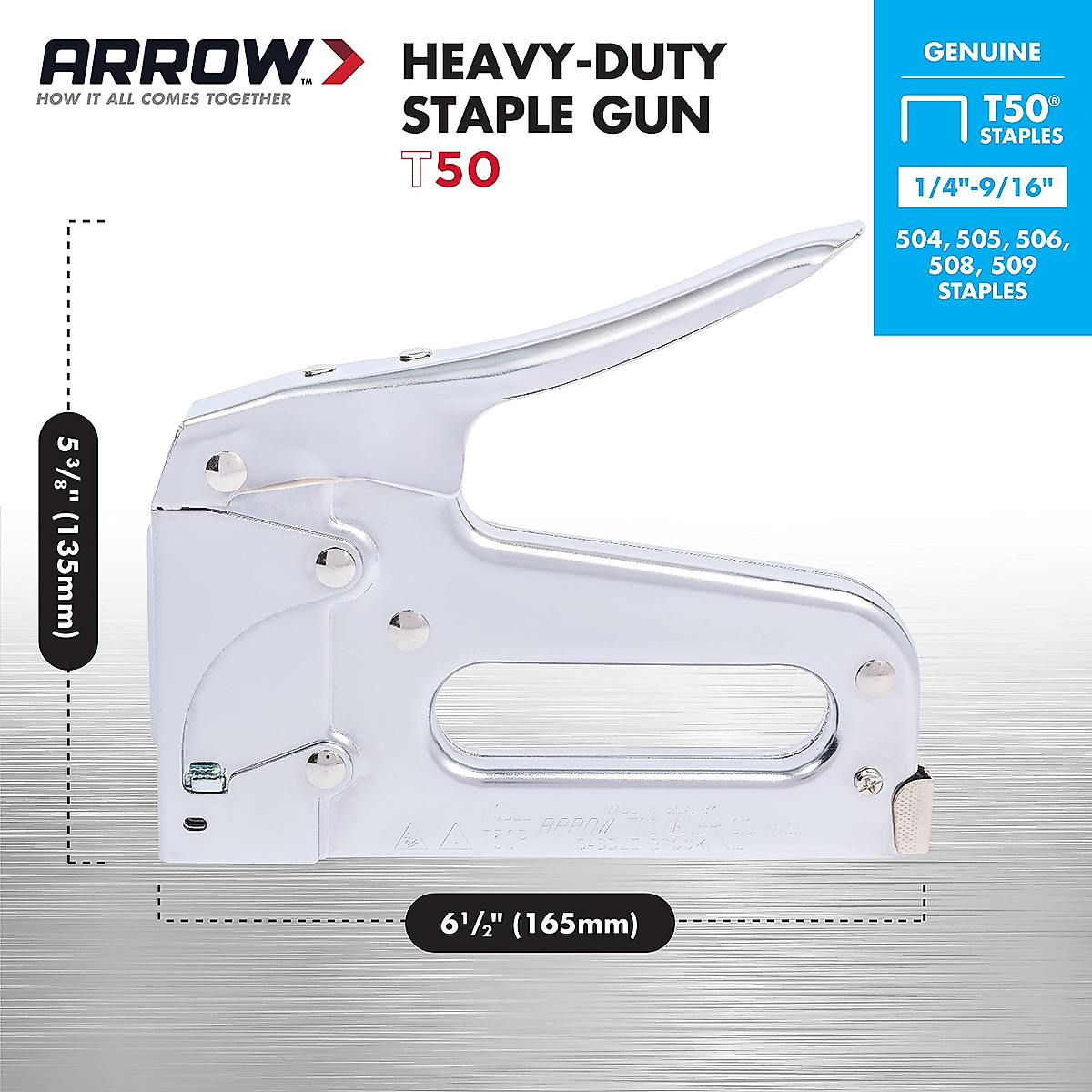Arrow T50 Heavy Duty Staple Gun for Upholstery, Wood, Crafts, DIY and Professional Uses, Manual Stapler Uses 1/4”, 5/16”, 3/8", 1/2", or 9/16” Staples