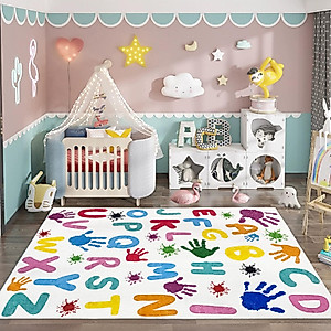 USTIDE Kids Rug ABC Kids Carpet 5x7 Ft Washable Non-Slip Play Mat Indoor Area Rug Carpet for Living Room Bedroom Nursery Room Classroom Colorful Handprint Area Rug for Playroom