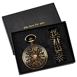 Alwesam Men's Mechanical Hand Wind Pocket Watch Roman Numerals Steampunk with Chain Box
