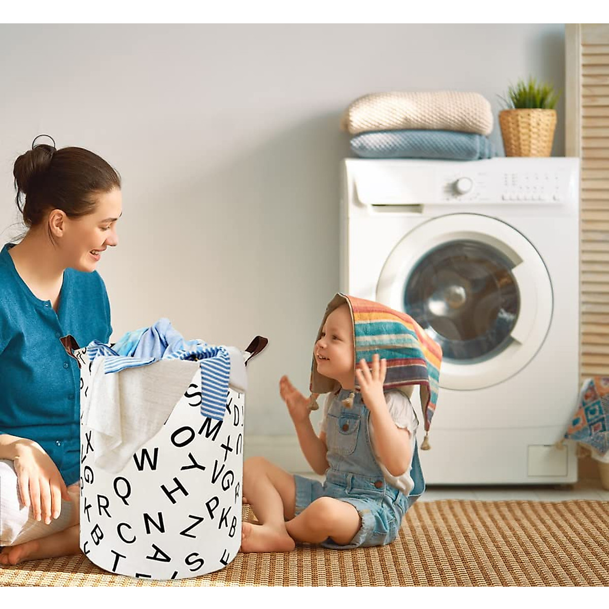 HIYAGON Large Sized Canvas Storage Baskets with Handle,Collapsible & Convenient Home Organizer Containers for Toys Storage,Baby Clothing(Letter)