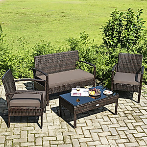 Toolsempire Outdoor Conversation Set 4 Pieces Patio Furniture, Wicker Patio Chair Sofa Set with Water-Resistant Dark-Brown Cushion & Tempered Glass Table for Backyard, Balcony, Porch(Brown)
