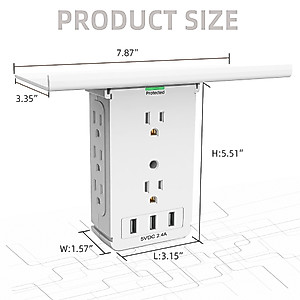 Wall Socket Outlet Extender with Shelf, 3 USB Ports, 8 AC Outlet, Surge Protector 1020J, White