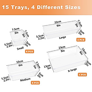 JIUYOTREE 15 PCS Clear Plastic Drawer Organizers Set 4 Size Cosmetic Clutter Organizer Storage Trays Bins for Makeup Gadgets Utensils Jewelry Office Accessories and Bathroom Supplies
