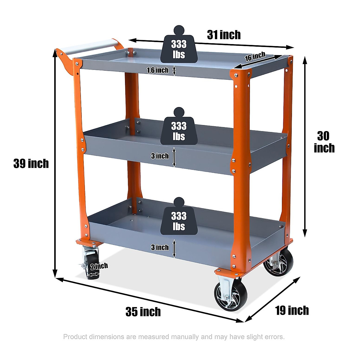 HPDMC 3-Tier Utility Cart 1000lbs Capacity Heavy Duty Metal Service Cart with Wheels, Rolling Tool Cart on Wheels, Garage Tool Push Cart for Mechanic, Garage, Workshop, Warehouse, Office