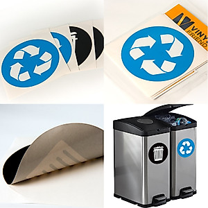 Recycle and Trash Logo Stickers 4 Pack - 4in Circle - for Metal or Plastic Garbage cans, and Bins - Indoor & Outdoor - Laminated and UV Protected Premium Decal (Blue, Small)