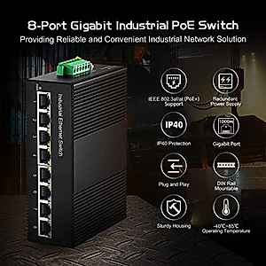 Binardat 8 Port Gigabit PoE Din Rail Industrial Ethernet Switch, 8 PoE IEEE802.3af/at, 16Gbps Switching Capacity, with One 96W PoE Power Supply