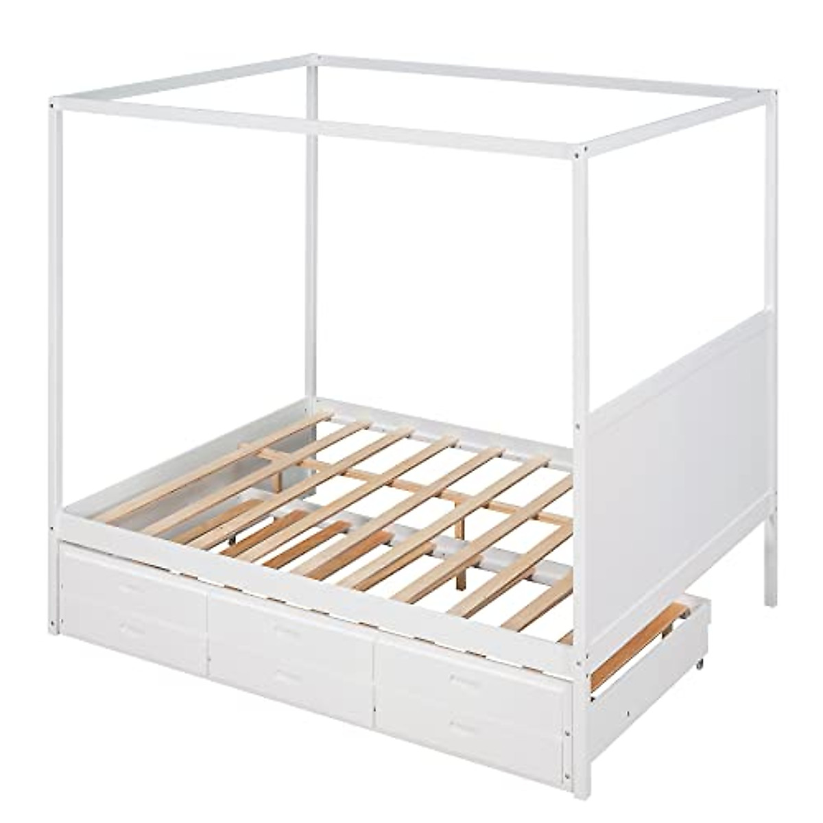 Harper & Bright Designs Queen Canopy Bed with Trundle and Three Storage Drawers, Solid Wood 4-Post Canopy Platform Bed Frame with Headboard and Slat Support, No Box Spring Needed (Queen Size, White)
