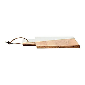 Boho 2-Tone Marble and Acacia Wood Charcuterie or Cutting Board with Brass Inlay and Leather Tie, White and Natural