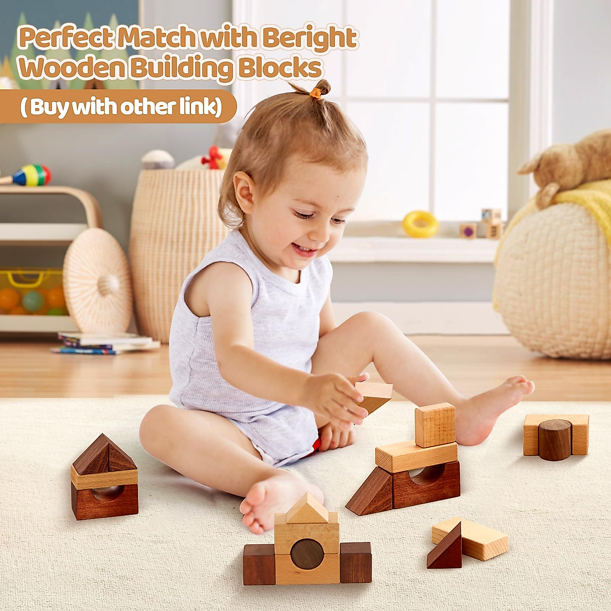 Beright Wooden Baby Walker Push Toy, Learning Educational Walking Toys for Babys Toddles, Adjustable Speed & Height, Natural Beech, not with Building Blocks