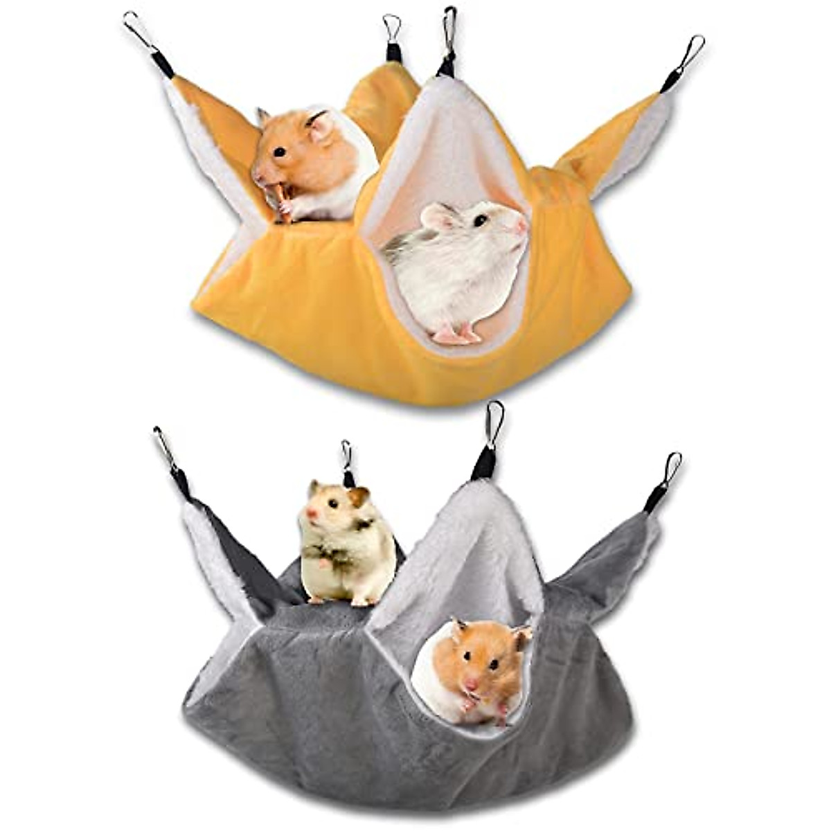 Ferret Hammock,2Pcs Soft Plush Small Animal Hanging Hammock,Warm Double Layer Rat Hammock,Hamster Hideout Hanging Bunkbed,Pet Cage Accessories for Guinea Pig Sugar Glider Squirrel(Yellow + Gray)
