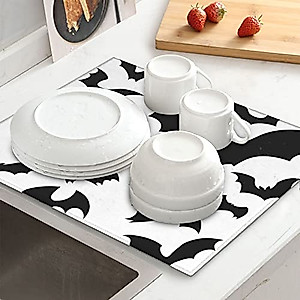 Halloween Bats Printed Drying Mat For Kitchen Ultra Absorbent Microfiber Dishes Drainer Mats Non-Slip Silicone Quick Dry Pad - 18 X 16inch