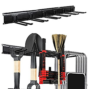 Wall Mount Tool Storage Rack, Home Garden Garage Tool Organizer Wall Mount Shovel Holder with 6 Removable Hooks and 3 Board, Heavy Duty Steel Tool Hanger Rack Max Load 300lb