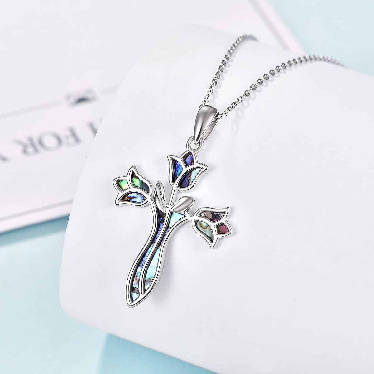 Dreamboat Sterling Silver Cross Necklace for Womens Cross Pendant Tulip Rose Abalone Shell Necklace Confirmation Religious Gifts for Mom Faith Christian Jewelry