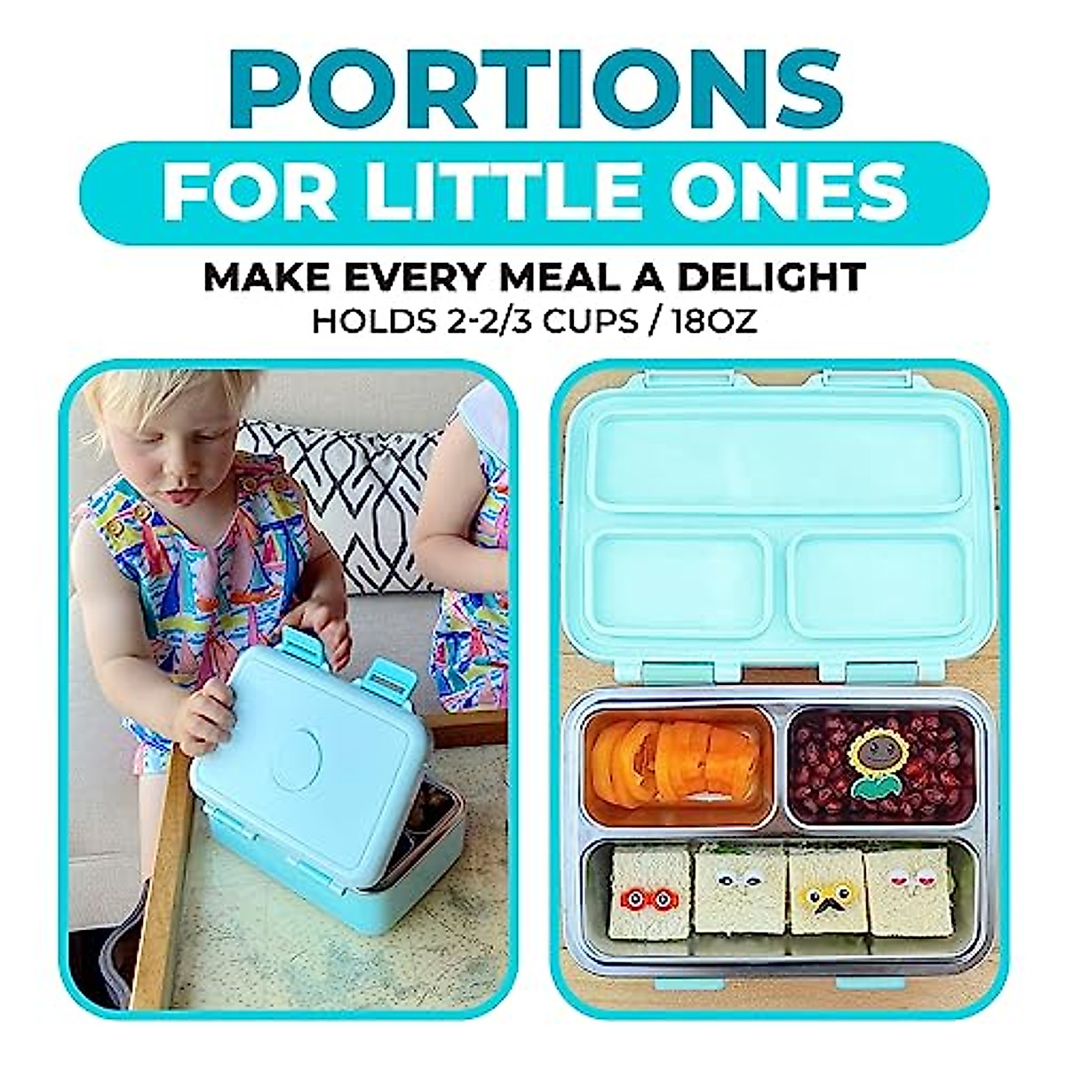 kinsho Stainless Steel Lunch Box for Baby or Toddlers Boys Girls, Insulated Mini Bento, 3 Eco Metal Portion Sections Leakproof Lid, Pre-School Daycare Lunches, Kids Spill-Proof Snack Container, Green