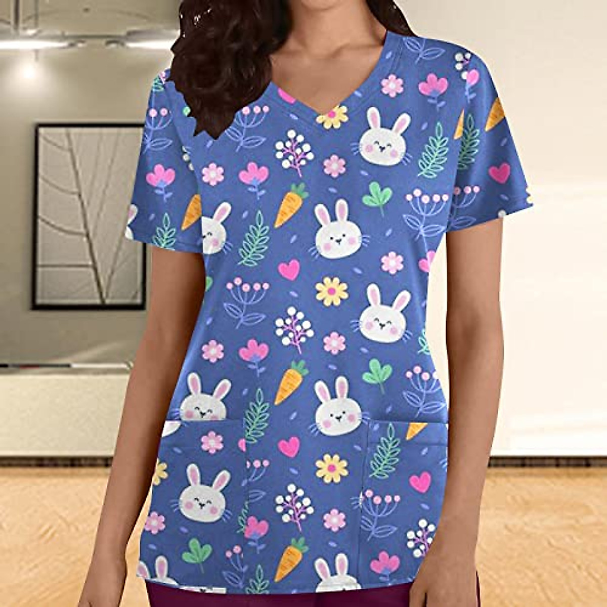 Scrub Tops for Women Easter Bunny Eggs Working Uniform Stretchy Scrub Dressy Cute Top Plus Size V Neck Tunic Undershirt Blue