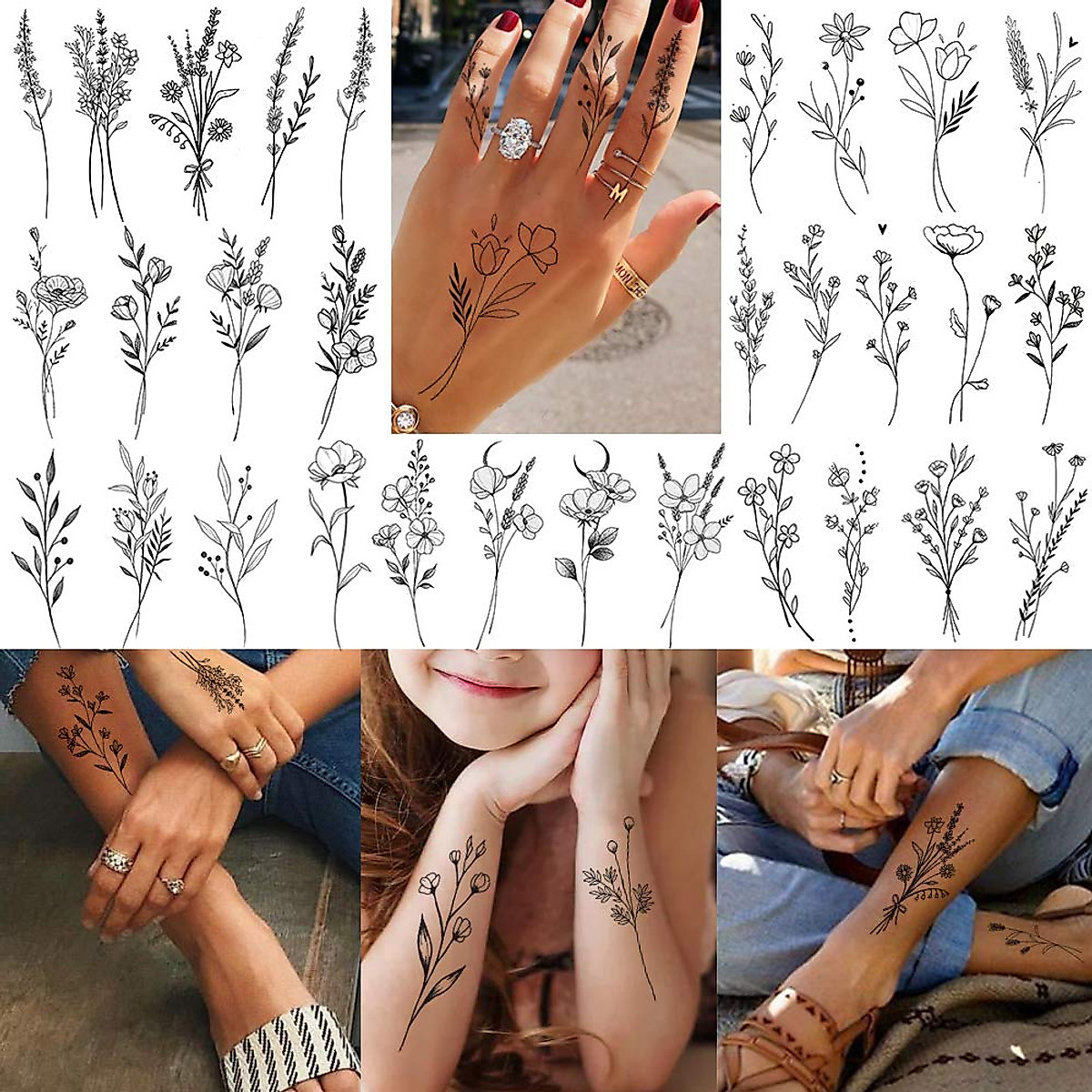 15 Sheets FANRUI Tiny Branch Black Flower Temporary Tattoos For Women Girl Floral Bouquet Small Tattoo Temporary Wild Plant Lavender Sweet Pea Larkspur Fake Tatoo Adults Face Hands Kids Kit Sticker