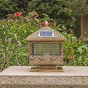 LED Outdoor Solar Post Light Square European Retro Waterproof Column Lights Square Remote Control 3-Color Dimming Pillar Lantern Acrylic Striped Lamp Shade Bronze Doorway Pole Light