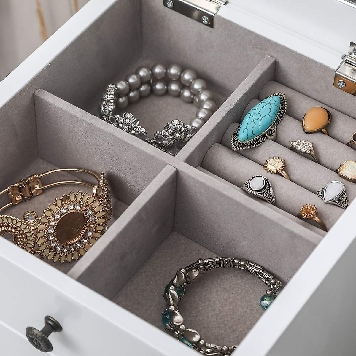 Karl home White Jewelry Armoire With Top Flip Mirror and Storage Organizer, Standing Jewelry Cabinet With 5 Grey flannel Drawers, 2 Side Doors and 4 Solid Wood Legs