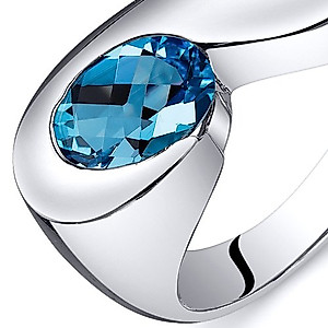PEORA Swiss Blue Topaz Tranquil Ring in Sterling Silver, Smooth Fluid Solitaire, 1.75 Carat Oval Shape 8x6mm, Comfort Fit, Size 7