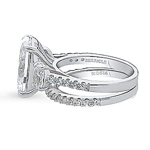 BERRICLE Sterling Silver 3-Stone Wedding Engagement Rings Oval Cut Cubic Zirconia CZ Ring Set for Women, Rhodium Plated Size 8