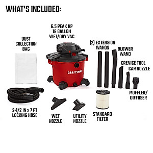 CRAFTSMAN CMXEVBE17607 16 Gallon 6.5 Peak HP Wet/Dry Vac with Detachable Leaf Blower, Heavy-Duty Shop Vacuum with Attachments