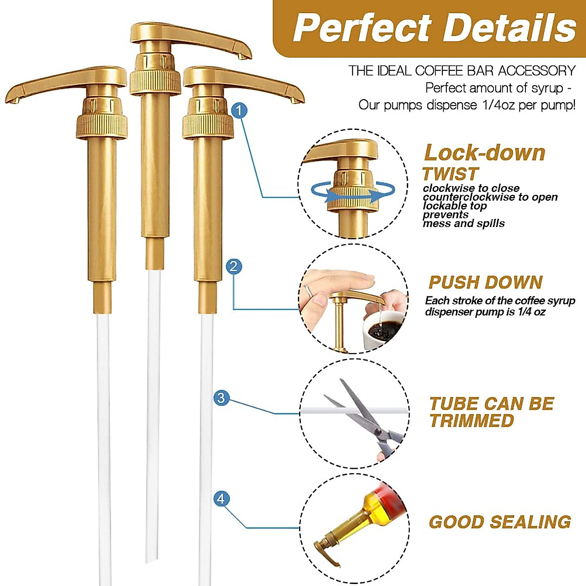 DupakSYS Premium 8 Packs Coffee Syrup Pump Dispenser, Fits 25.4 Oz/750ml Coffee Flavoring Syrup Bottles, No Dripping, Great for Home & Coffee Bar Drinking Mixes, Tea, Beverage, Cocktails, Free Spoons (Gold)