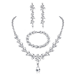 FIASASO Prom Jewelry Set Necklace Dangle Earrings Bracelet Bride Bridesmaid Crystal Bridal Jewelry Set for Wedding Rhinestone Engagement Party Prom Jewelry Set for Women