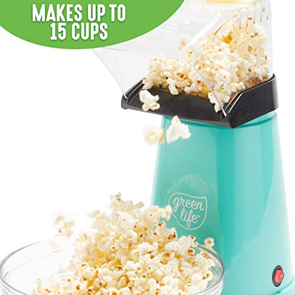 GreenLife Electric Popcorn Maker Hot Air Popper, Corn Kernal Measuring and Butter Melting Tray, Easy one Switch, Turquoise