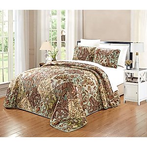 3-Piece Fine Printed Oversize (115" X 95") Quilt Set Reversible Bedspread Coverlet King Size Bed Cover (Multi Color, Sage Green, Paisley, Floral, Vine Patchwork)