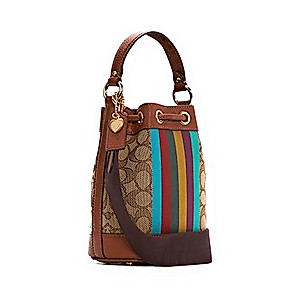 COACH Womens Mini Dempsey Drawstring Bucket 15 In Signature Jacquard With Stripe And Coach Patch Khaki/Redwood Multi