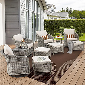 LUMIINOFAMI 10 Piece Patio Furniture Set, Patio Swivel Glider Chairs Set with Side Table and Ottoman, Barrel-Shaped Wicker Patio Bistro Set Swivel Rocker Outdoor Chairs for Patio Deck Porch