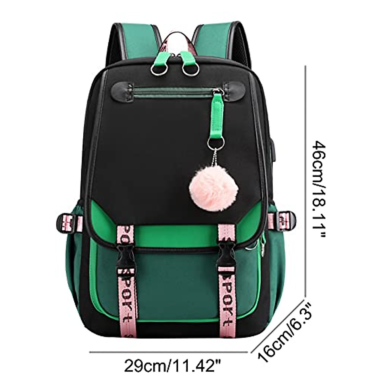 JiaYou Teenage Girls' Backpack Middle School Students Bookbag Outdoor Daypack with USB Charge Port (21 Liters, Green Black)