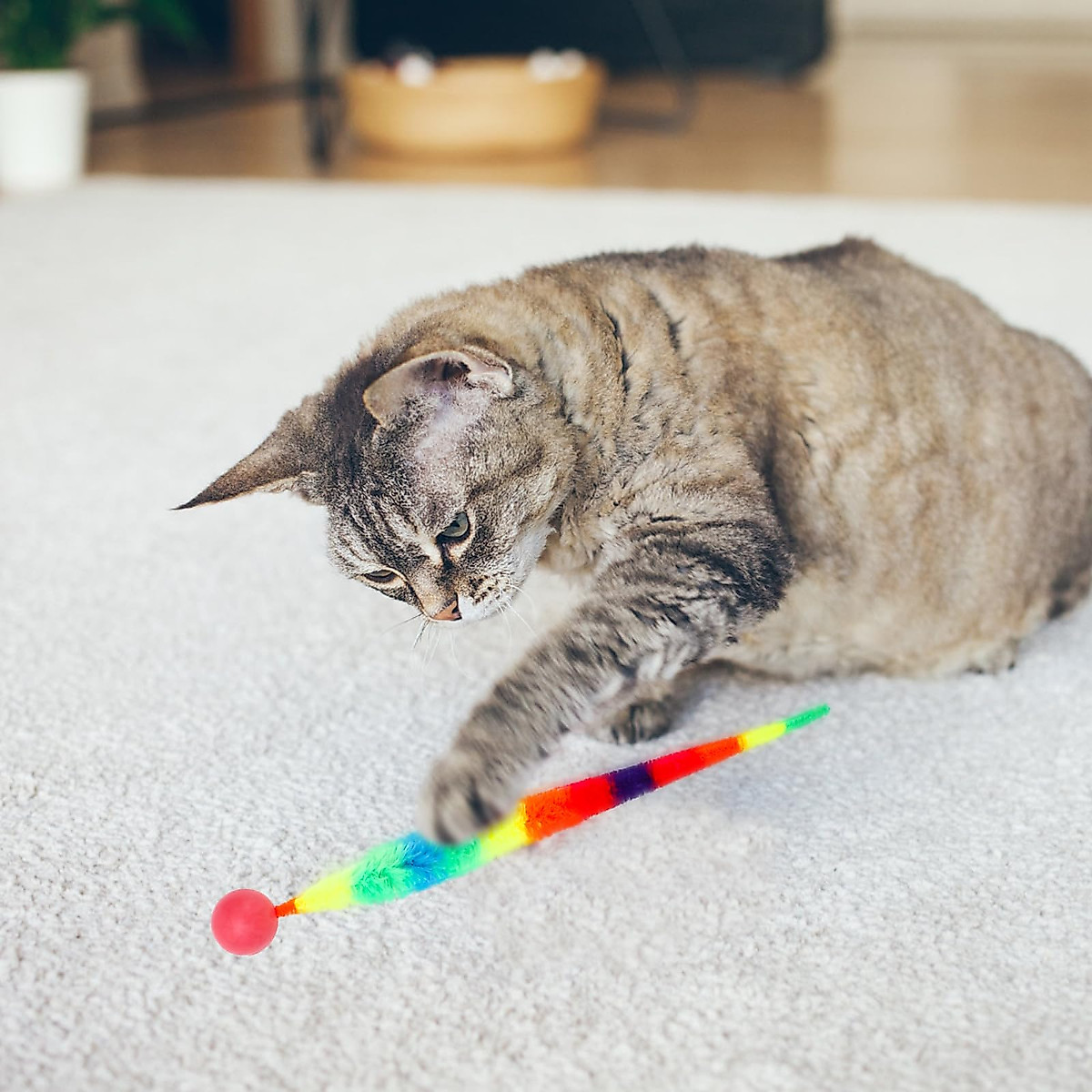 SUBANG 6 Pieces Bouncy Ball with Tail Cat Toys Magic Worm Toys Cat Toy Worm Bouncy Balls for Cats