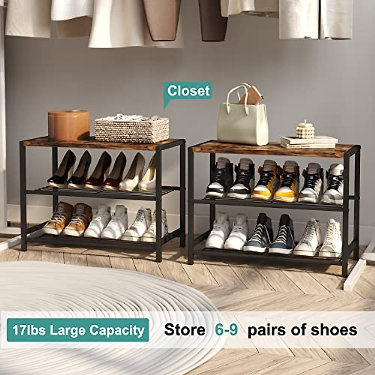 JEROAL 3-Tier Shoe Rack Storage Organizer,6-9 Pairs Sturdy Shoe Shelf for Entryway, Hallway and Closet Space Saving Storage and Organization